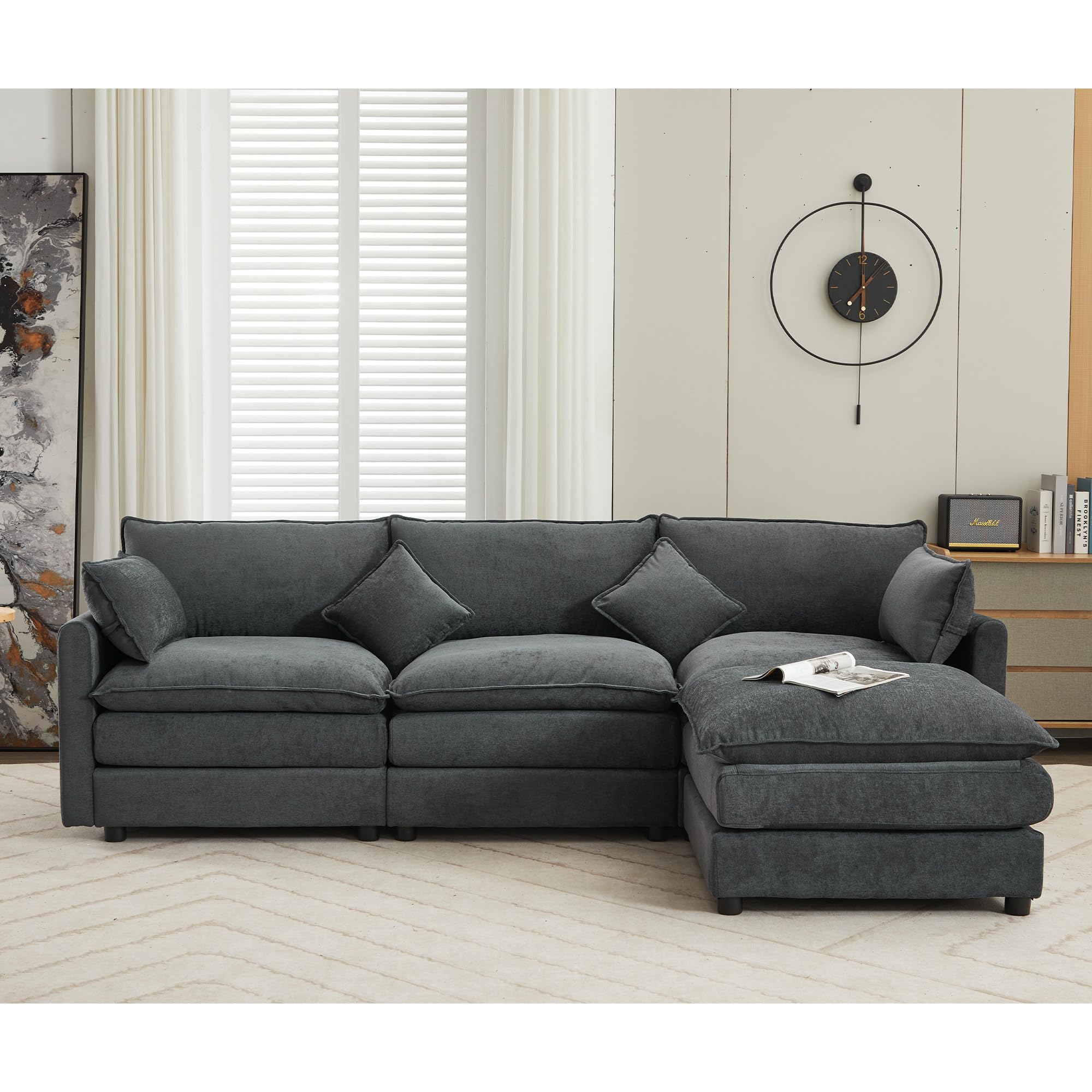 Tmsan 101.18" Modular Sectional Sofa Couch for Living Room, Modern L Shaped Cloud Couch Set with 2 Pillows, 4 Seater Chenille Sofa with Convertible Ottoman for Apartment Office