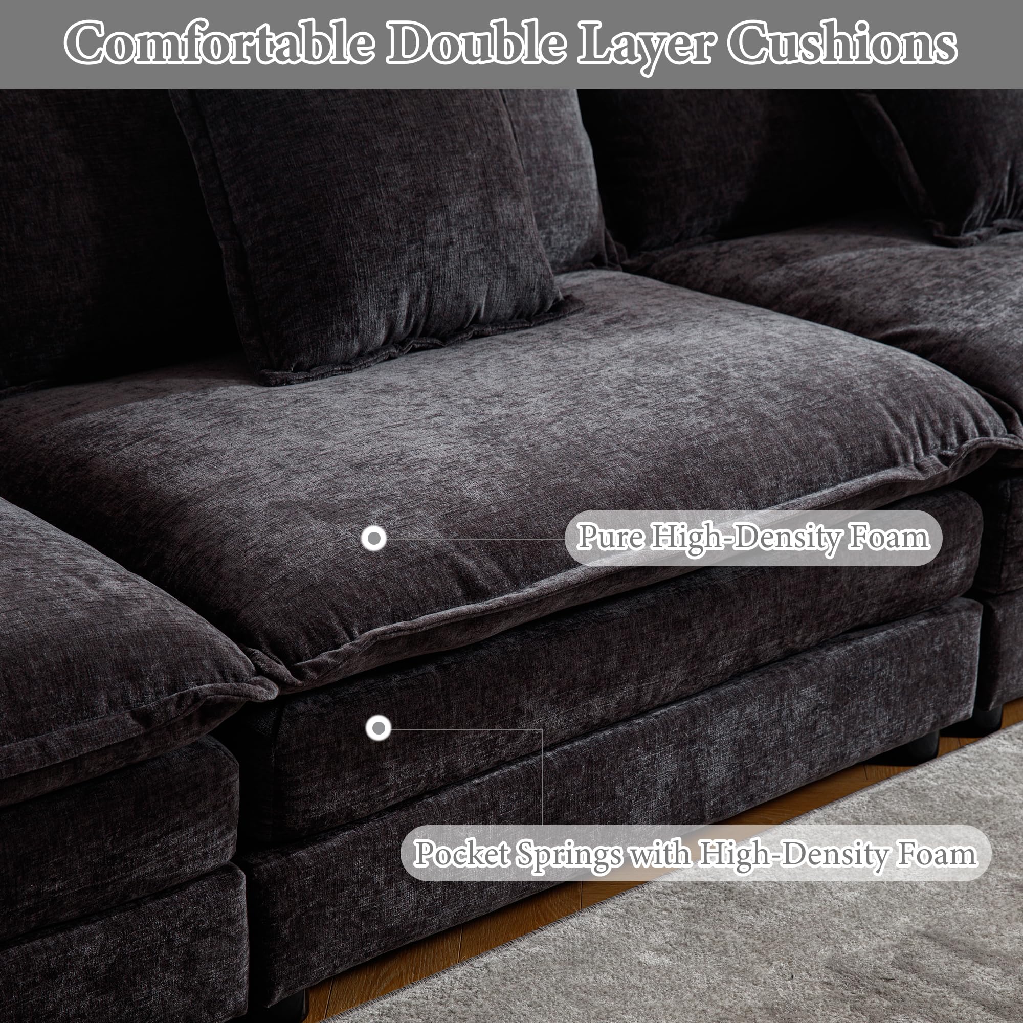 Tmsan 146.5" Oversized U Shaped Sectional Sofa with Double Cushions & Movable Ottoman, Modern 6 Seater Cloud Modular Couch for Living Room, Black Chenille