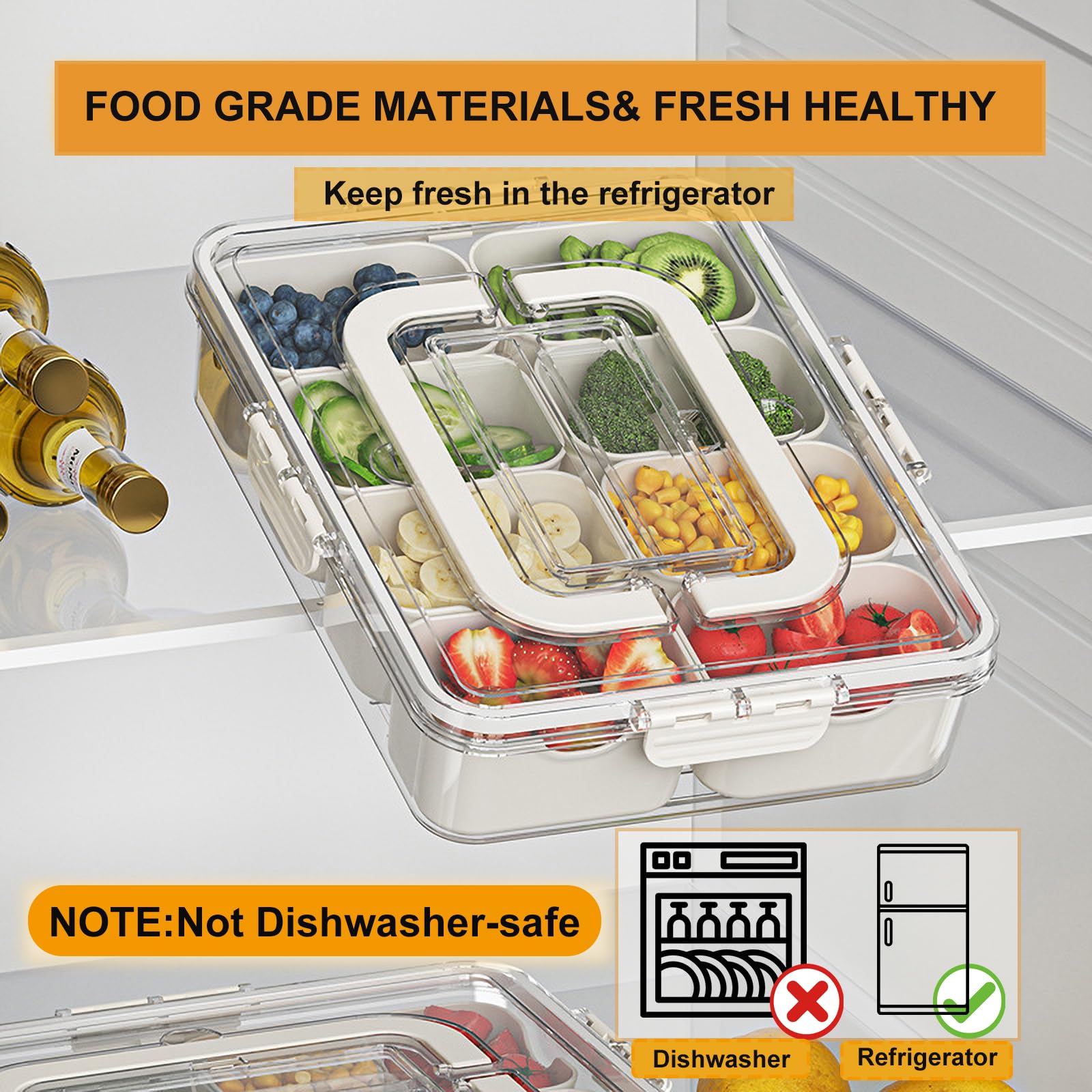 Snackle Box Container, Portable Divided Serving Tray With Lid And Handle, Snack Box Container for Candy, Fruits, Nuts, Snacks, Perfect for Picnic, Party, Home and Travel (4 Compartments)