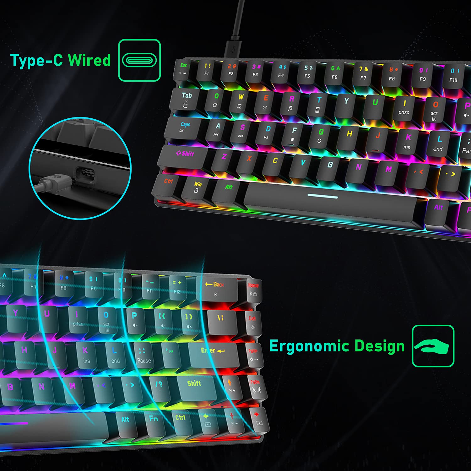 LexonElec 60% Wired Gaming Keyboard, RGB Backlit Ultra-Compact Mechanical Keyboard, Blue Switch Waterproof Compact 68 Keys Keyboard for Typist Laptop PC Mac Gamer(Purple)