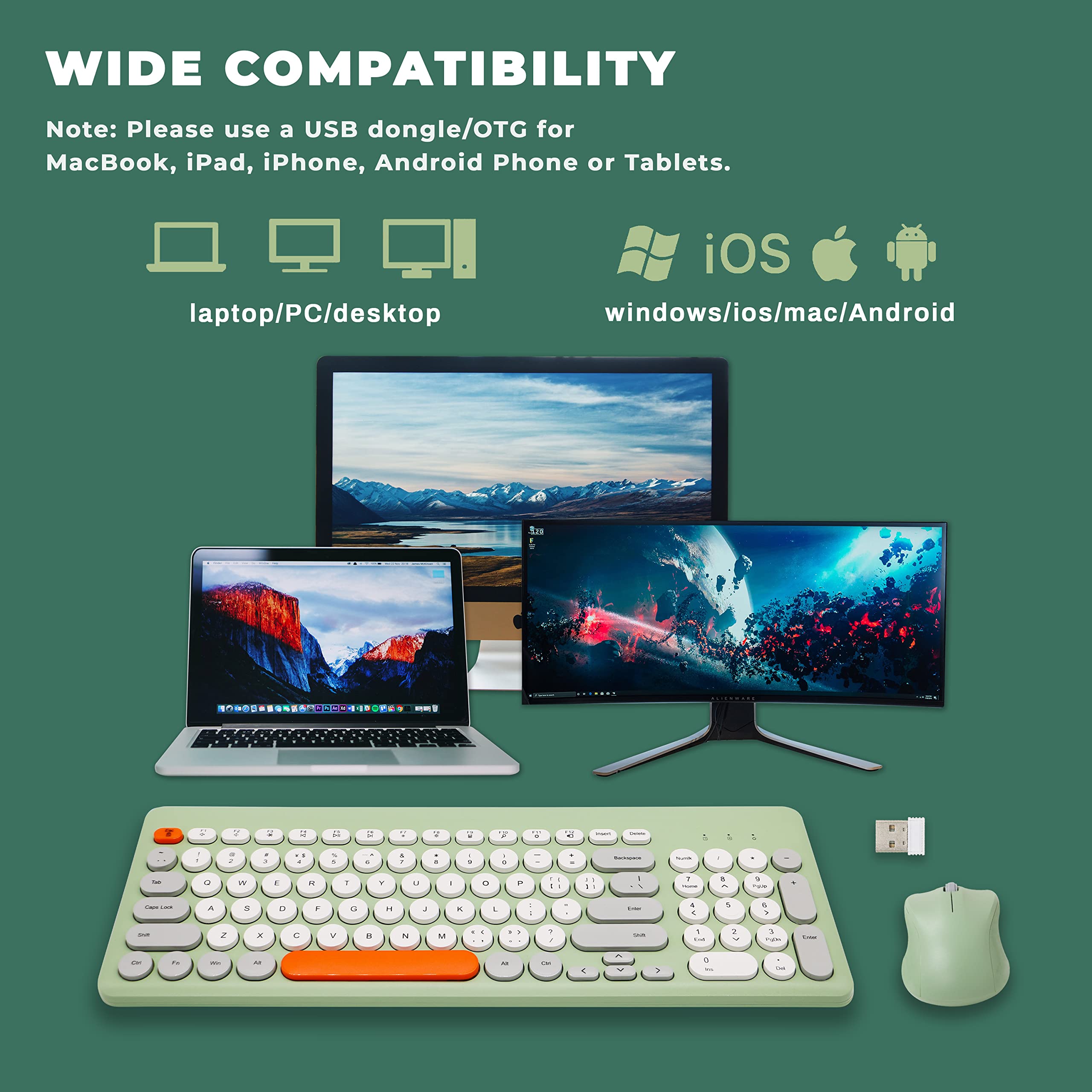 Wireless Keyboard and Mouse Combo 2.4G USB Cordless Keyboard with Number Pad,Quiet Click,Cute Round Key,Ultra Slim,Full Size for Computer Laptop PC Desktop Windows Mac,Sage Green