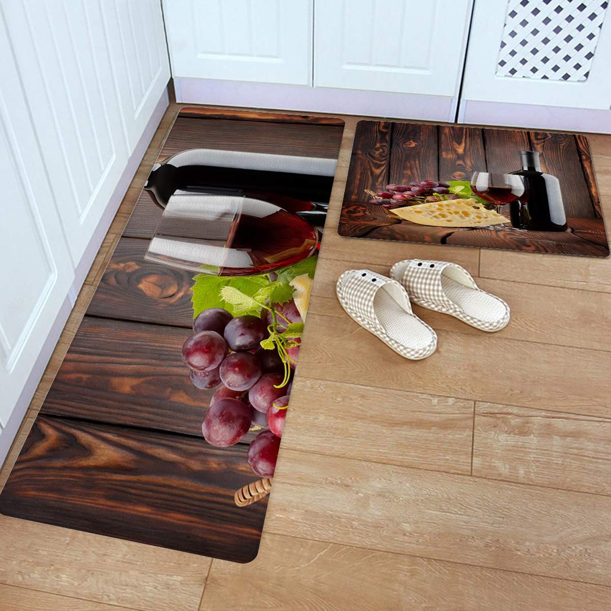 Kitchen Rug Set 2 Piece, Wine Kitchen Floor Mats Waterproof & Non-Slip PVC Leather Anti Fatigue Comfort Standing Mat Washable Kitchen Rugs Runner, Red Wine Grape Cheese Brown Vintage Wood Grain