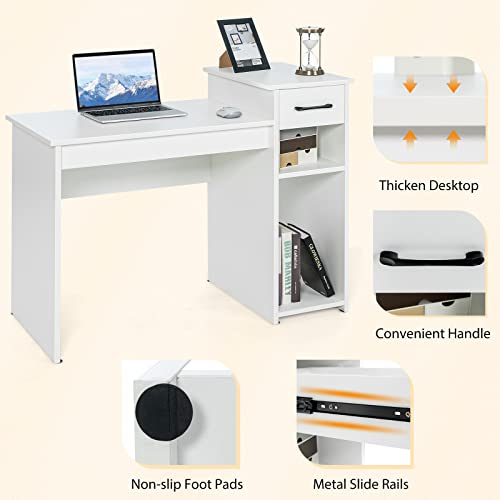 STAKOL White Desk with Drawers, Compact Study Writing Table, PC Laptop Workstation with CPU Stand & Shelves, Computer Desk for Small Space Home Office (White)