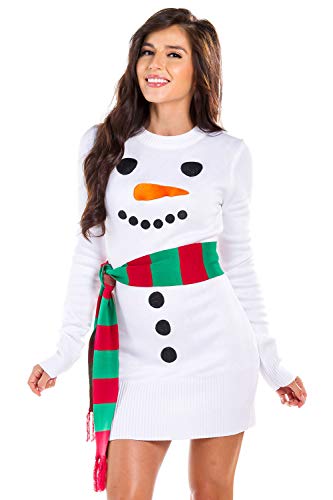 Women's Snowman Ugly Sweater Dress - White Snowman Christmas Dress with Scarf: Medium