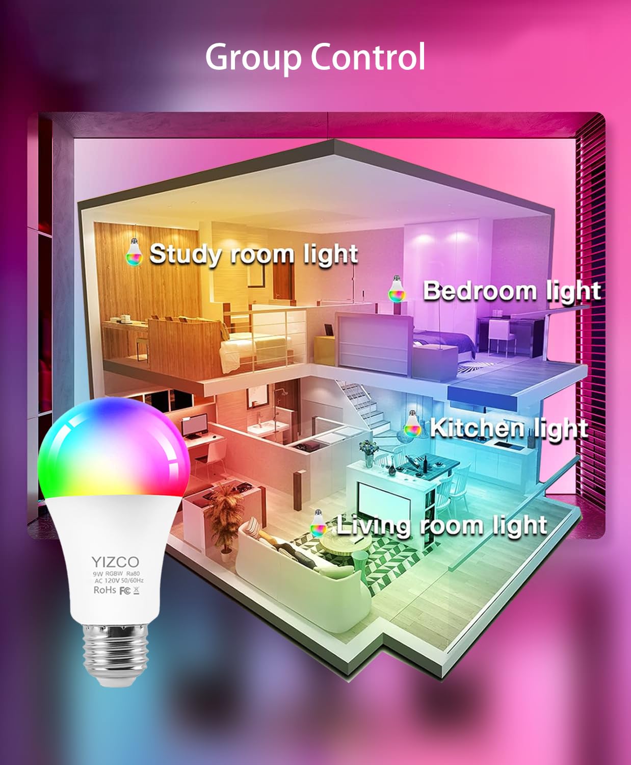 YIZCO Color Changing Led Light Bulb 9W 60W Equivalent A19 Bluetooth Light Bulbs Dimmable RGB Home Lighting 2 Pack (Don't Support WiFi/Alexa)