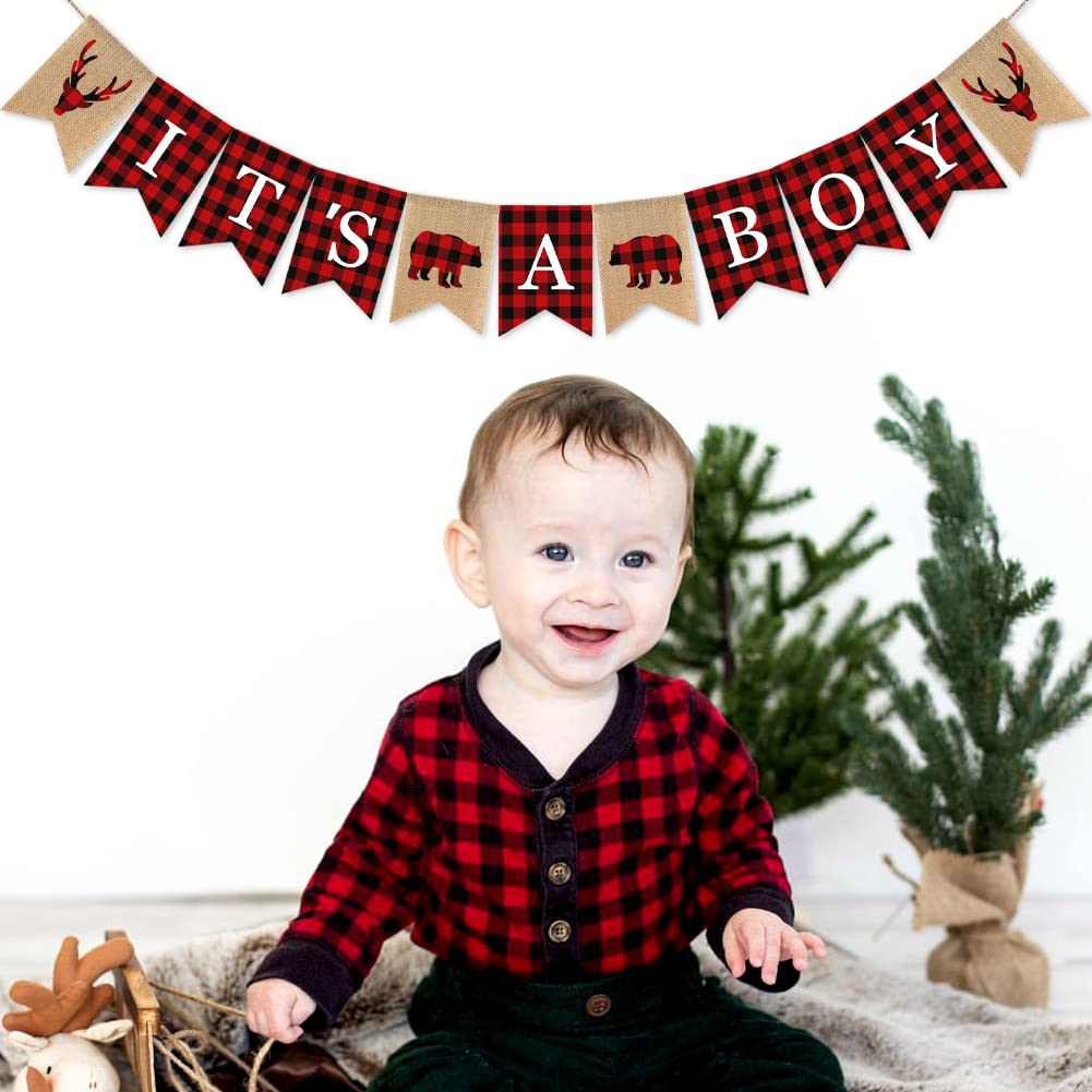 Lumberjack Theme Burlap Banner and It's a Boy Banner High Chair Banner for Baby Boy Photo Props Backdrop Decors