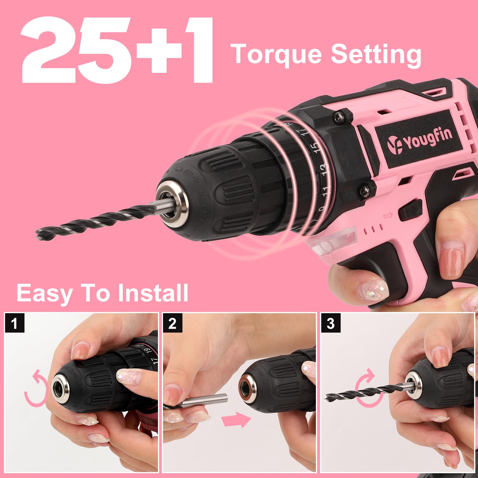 YOUGFIN Pink Drill Set for Women, 20V Battery Powered Electric Drill Machine Cordless with Charger, 25+1 Torque Setting, Built-in LED, Handheld Lightweight Power Drill Driver for Home Use (3/8")
