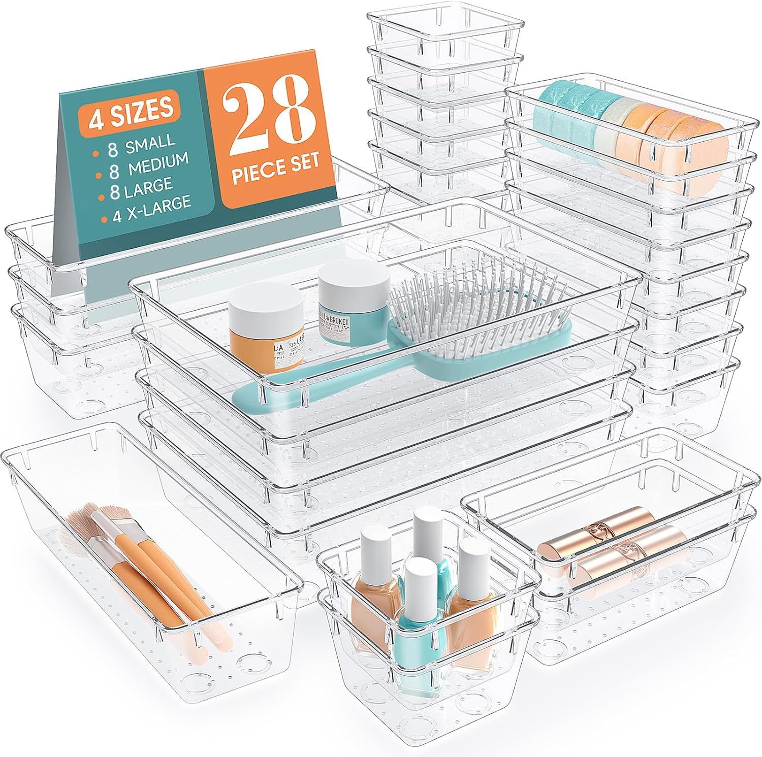 SNOW COOLER 28 PCS Clear Plastic Drawer Organizers Set, Versatile Bathroom and Vanity Drawer Organizer Trays, Storage Bins for Makeup, Bedroom, Kitchen Gadgets Utensils and Office