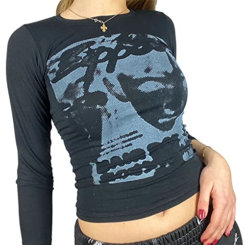 Womens Face Portrait Print Crop Top Y2K E-Girls 90s Long Sleeve Shirt Graphic Print Slim Fit Blouse Tops(C-Black Print top,S)