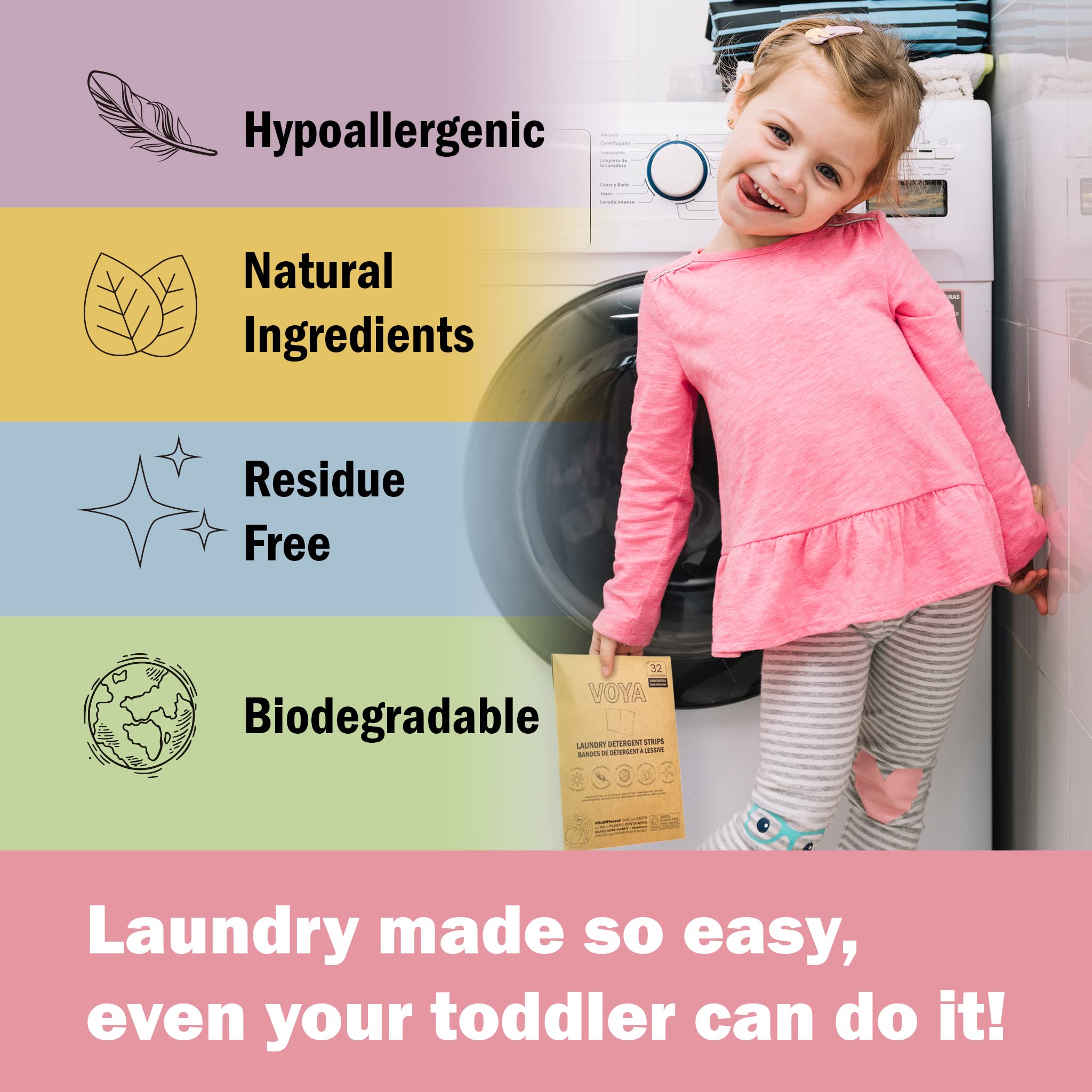 VOYA Unscented Natural Laundry Detergent Sheets 96 loads (32 Loads x 3 Pack) - Eco Friendly Hypoallergenic Baby Organic Laundry Soap Sheets, Premeasured Travel Detergent Pods, Washing Powder & Jabon para Lavar Ropa