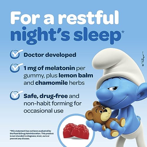 The Smurfs 1mg Melatonin Gummies for Kids with Chamomile & Lemon Balm for a Restful Sleep Age 3+ | Non-Habit Forming | Made with Real Fruit in a Smurf Berry | Doctor Developed | 50 Vegetarian Gummy