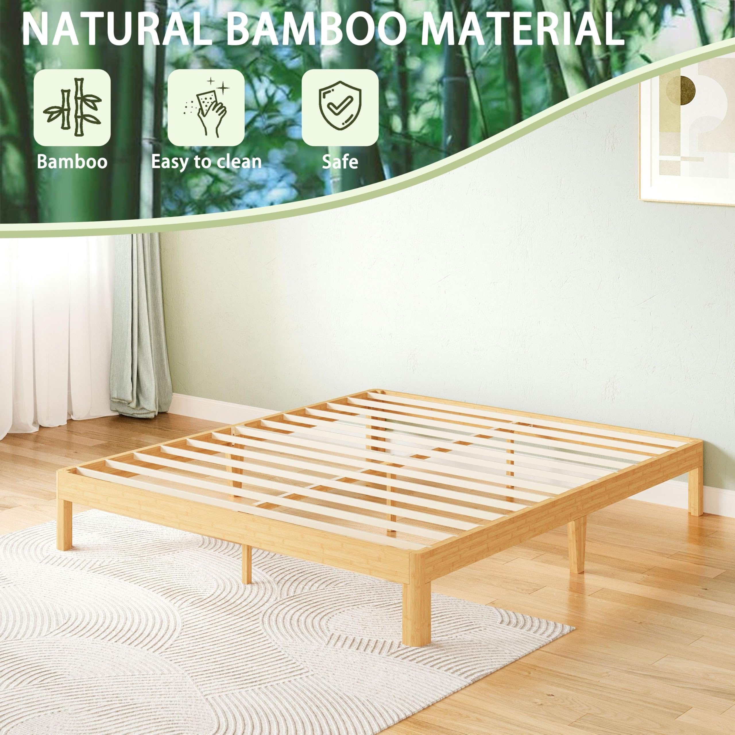 ZIYOO Queen Bed Frame 12 Inch Solid Wood Platform Bed with Metal Slats, Natural Bamboo,No Box Spring Needed, Easy Assembly, Heavy Duty Bed Frame,Free of Noise