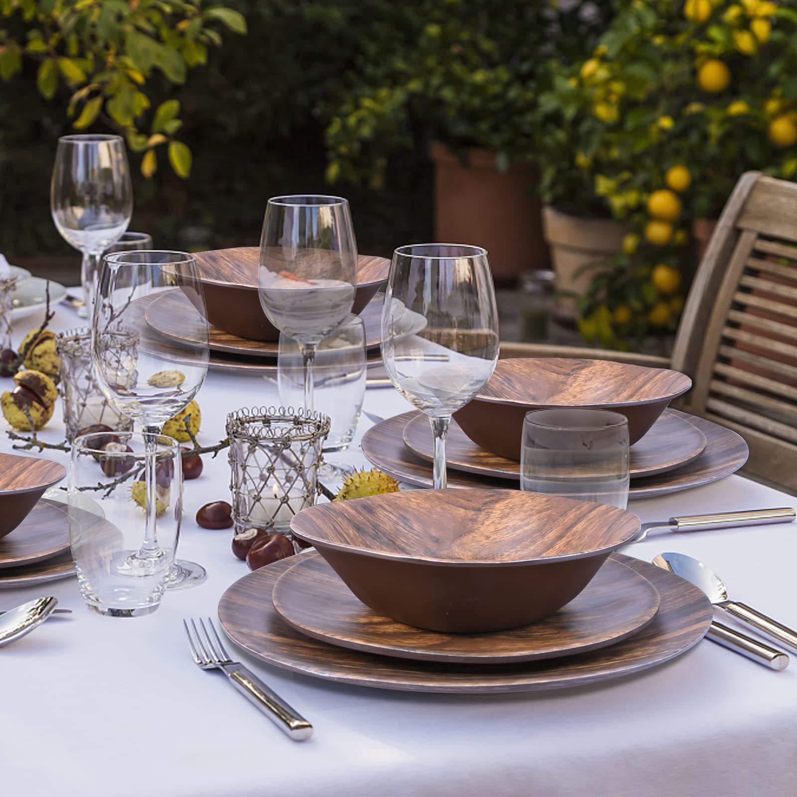 Melamine Dinnerware Sets Clearance - 12 pcs Melamine Plates Indoor and Outdoor use Wood Grain Plates and Bowls Dinnerware Sets Summer Fall Camping Dish Set for 4 Dishwasher Safe (Brown)