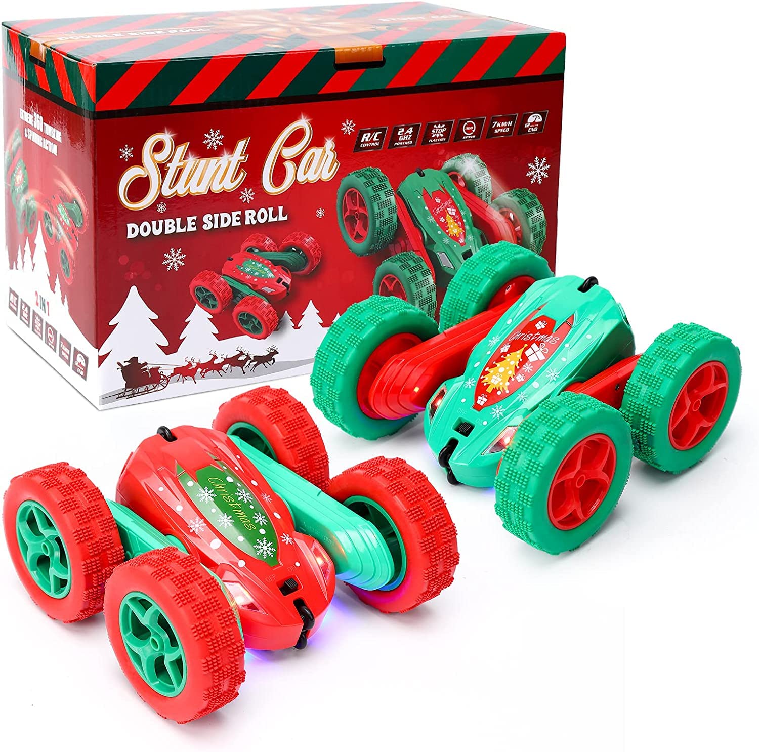 Lumiparty 2PACK Remote Control Car RC Stunt Car for Kids,2.4Ghz High Speed Rock Crawler Vehicle,360 Rotating 4WD Off Road Double Sided Rotating Tumbling with 4 Rechargeable Battery.