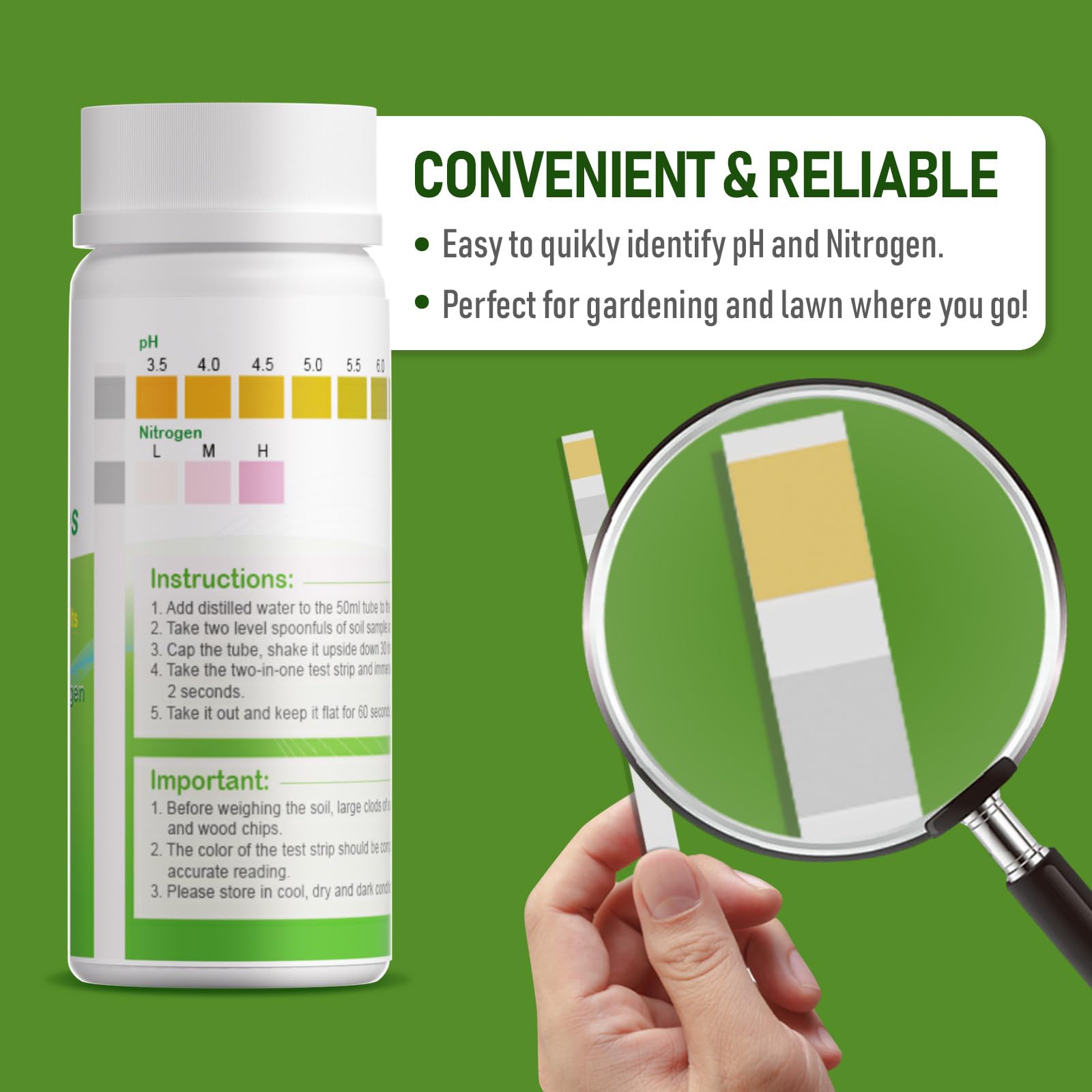 PooTe Soil pH Test Kit - 100 Strips 2-in-1 Soil Testing Kit (3.5-9 Range) with Plastic Tube - Professional Tester Soil Nitrogen & pH for Garden Home Lawn Grass Yard, Green