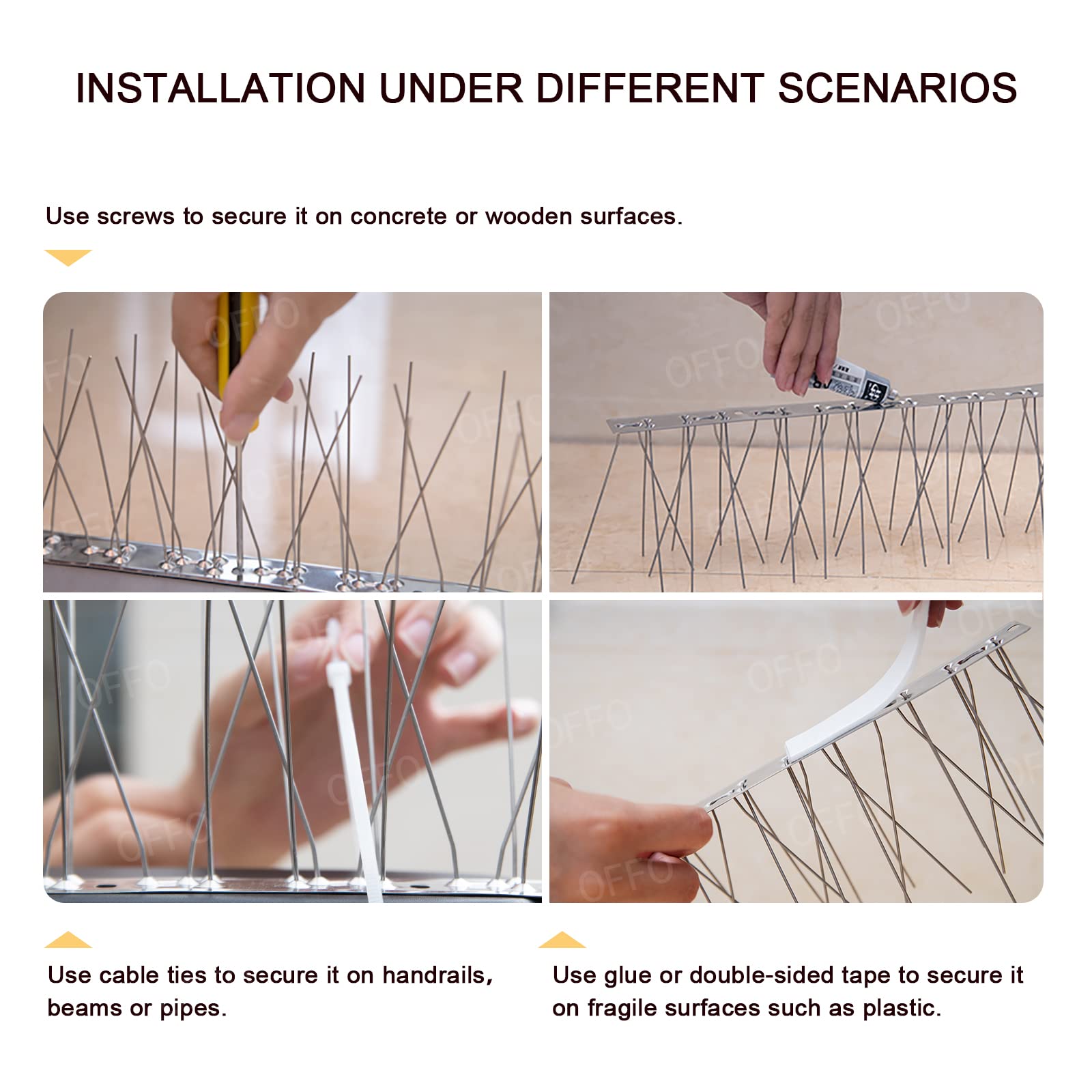 OFFO Bird Spikes with Stainless Steel Base, Durable Bird Repellent Spikes Arrow Pigeon Spikes Fence Kit for Deterring Small Bird, Crows and Woodpeckers, Covers 41 inches(104cm)