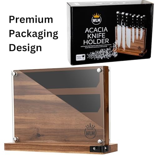 WLM Magnetic Knife Block with Acrylic Shield&Knife Sharpener Double Side Kitchen Knife Holder without Knives. Magnetic Stands with Strong Magnet Multifunctional Storage Knife Holder. Fully Assembled