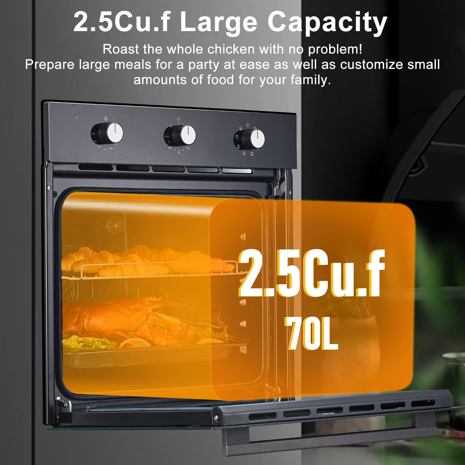 Single Wall Oven 24 Inches, Built-In Electric Ovens, 3000W, 240V, 2.5Cu.Ft Convection Built-In Oven, Stainless Steel-Touch Screen (Normal Mechanical Knobs-Clearance)