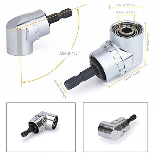 OCGIG 3 Pcs 105 Degree Right Angle Drill Attachment Hex Shank Screwdriver Angled Bit Holder Power Drill Tool and Flexible Angle Extension Soft Shaft Bit Kit for Drill or Driver 1/4" Socket Adapter