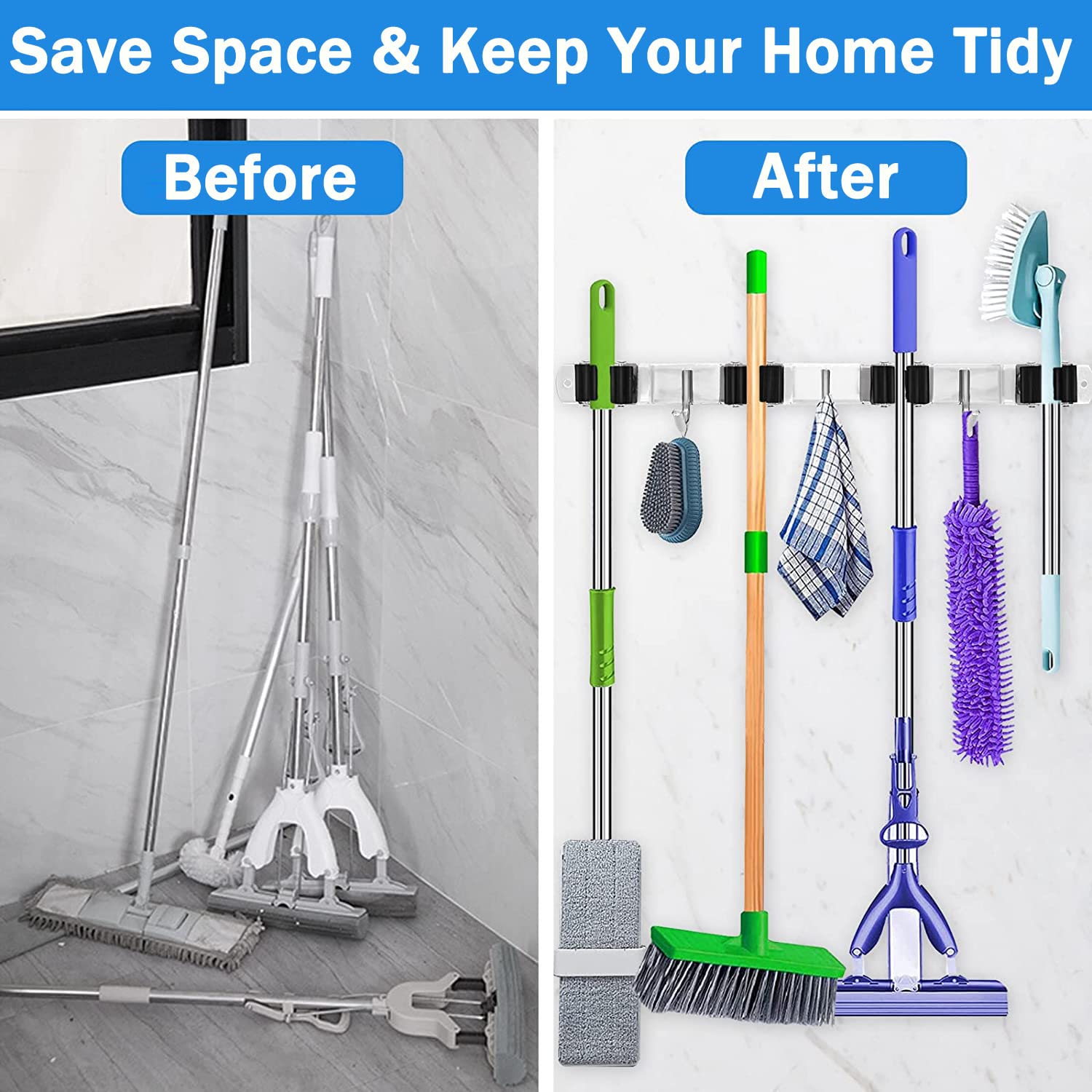 YUBYFA 2 Pack Mop Broom Holder Wall Mount self adhesive, Heavy Duty Stainless Steel with 4 Racks with 3 Hooks,14.7" L x 1.5" H,making Tools Organized and Within Reach(Black)