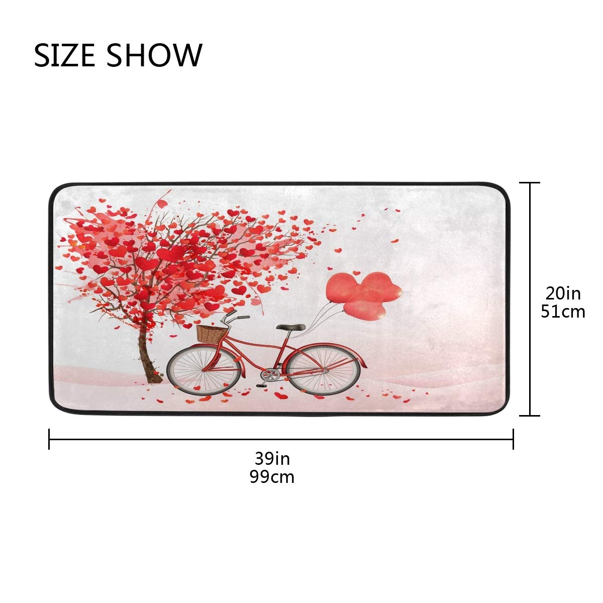 Kitchen Rugs Red Love Heart Bicycle Valentine's Day Design Non-Slip Soft Kitchen Mats Bath Rug Runner Doormats Carpet for Home Decor, 39" X 20"
