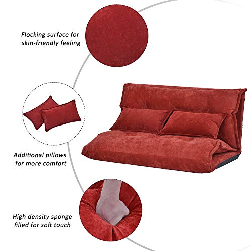 SYING88 Lazy Floor Sofa Adjustable Folding Futon Sofa Video Gaming Sofa with Two Pillows,Sleeper Bed Couch for Adults,for Bedroom Living Room Reading Gaming Small Spaces Apartment (Red)