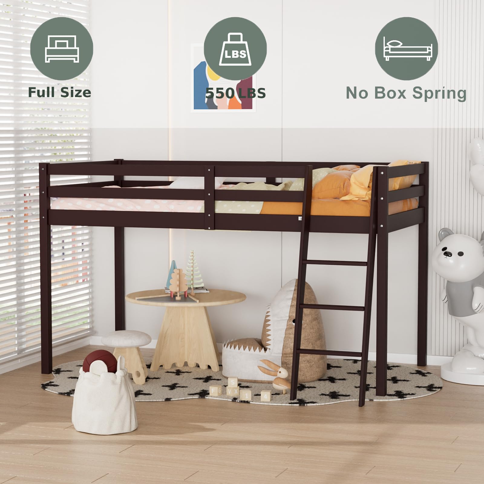 VINGLI 47'' Tall Junior Low Loft Bed with Stairs, White Wood Loft Bed Twin Size for Adults, Kids and Young Teens, No Box Spring Required,Wood Slat Support