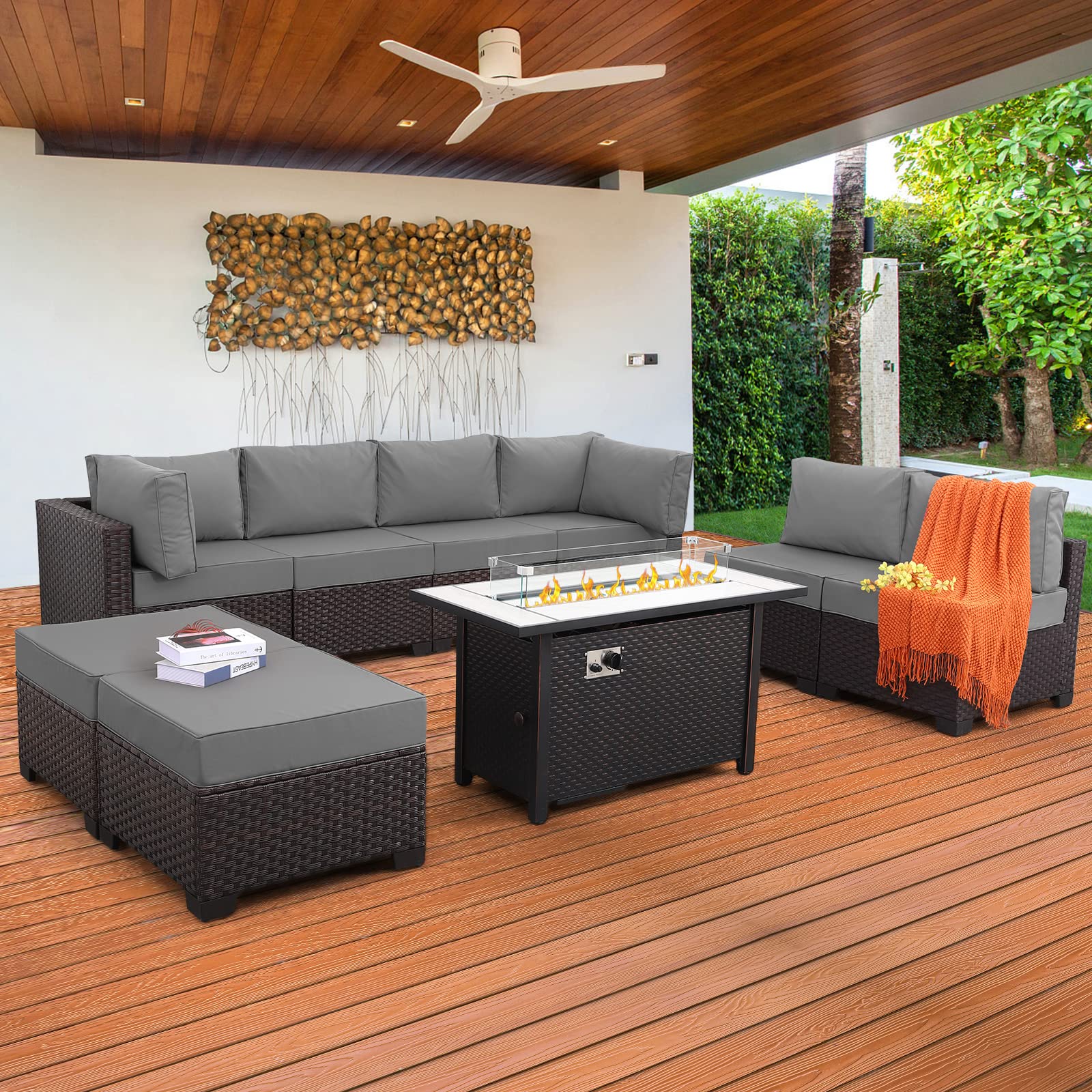 Lviden 9 Pieces Wicker Patio Furniture Set Outdoor PE Rattan Sectional Conversation Sofa Set with Grey Cushions and 45β Gas fire Pit Table