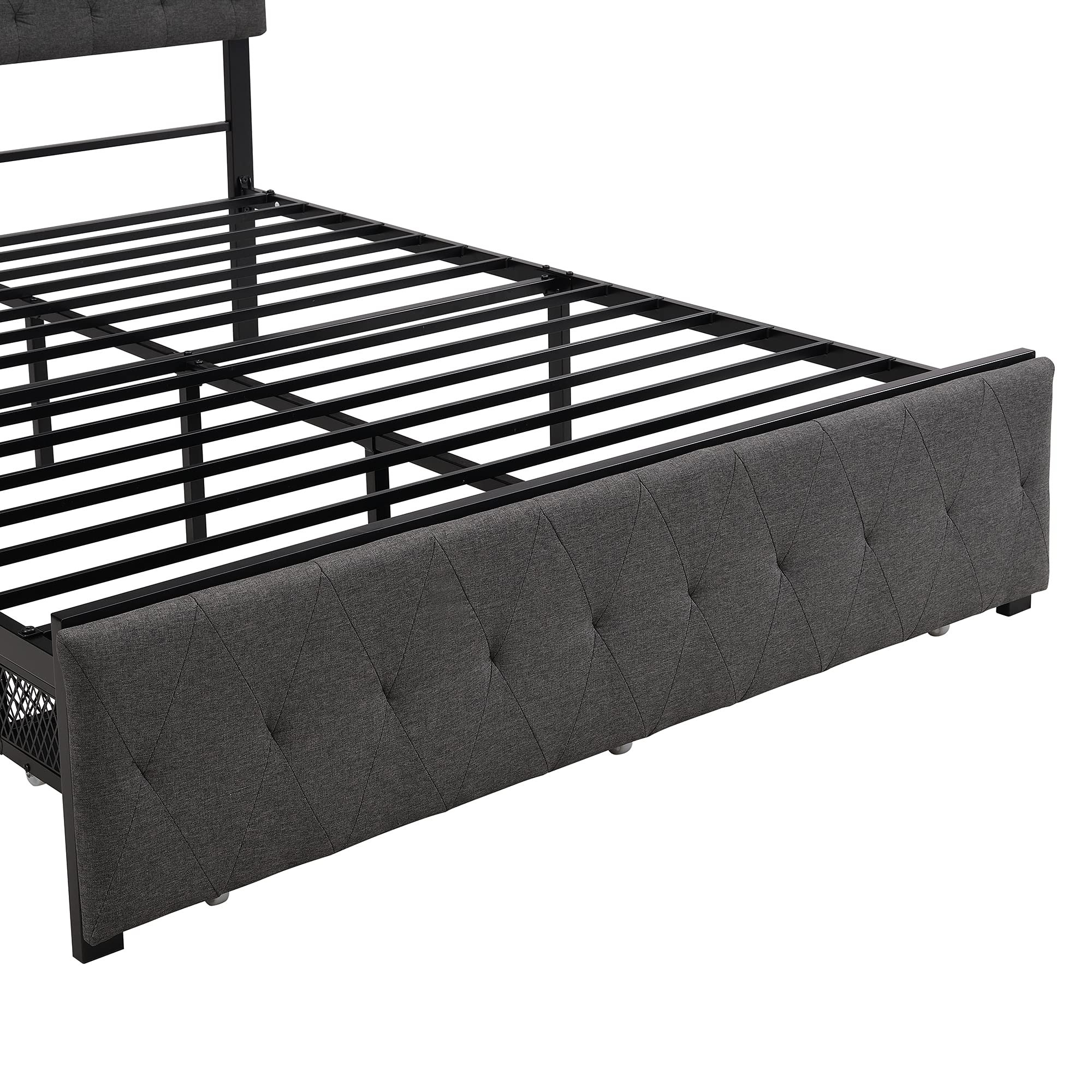 TARTOP Queen Size Upholstered Platform Bed with Storage Drawer, Metal Queen Bed Frame with Headboard,No Box Spring Required,Gray