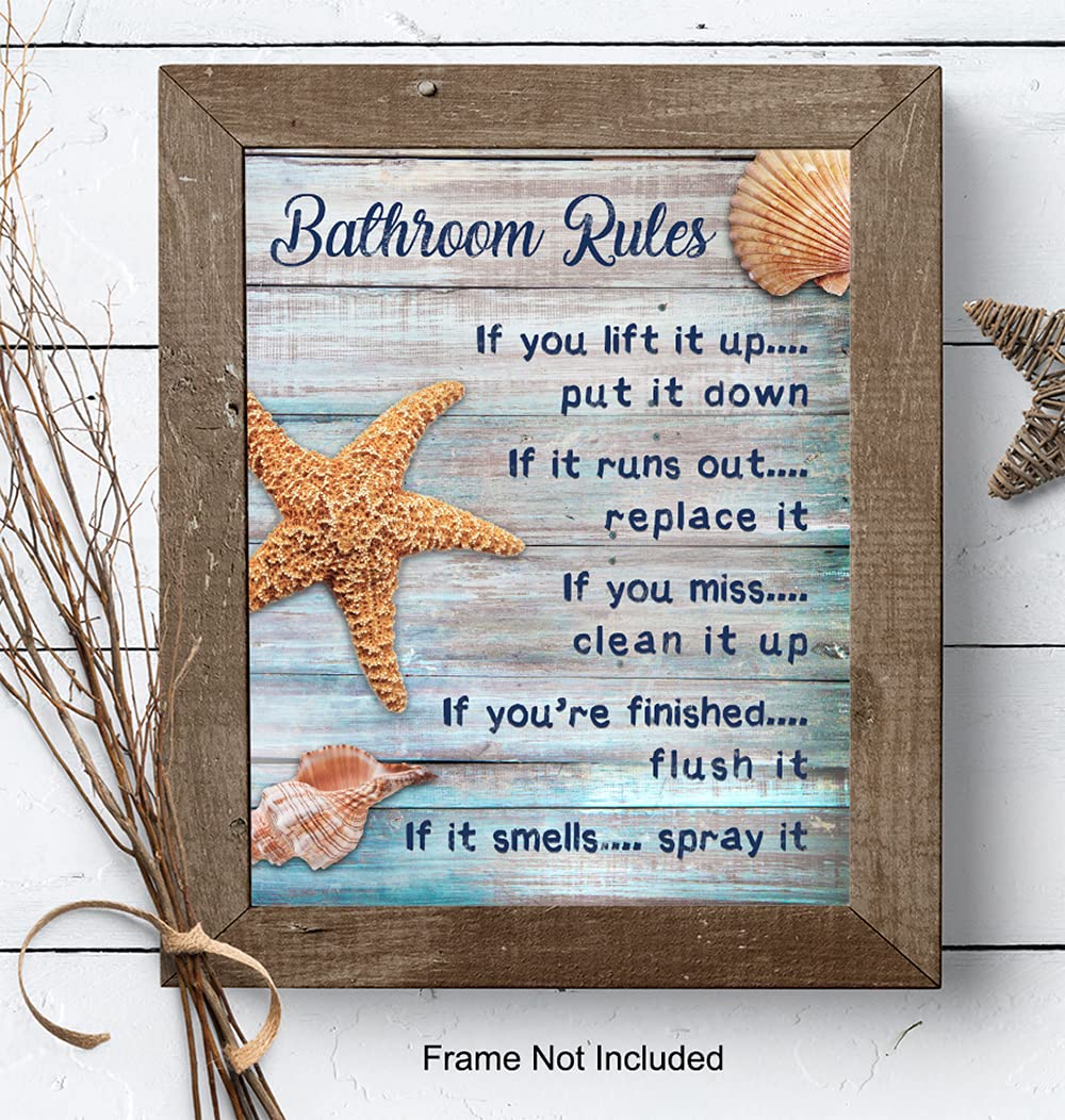 Nautical Rustic Bathroom Decor - LARGE 11x14 - Coastal Beach House Bathroom Rules Wall Art - Starfish, Seashells Restroom Sign, Bath Art - Ocean, Sea House Powder Room Art - Shabby Chic Gift