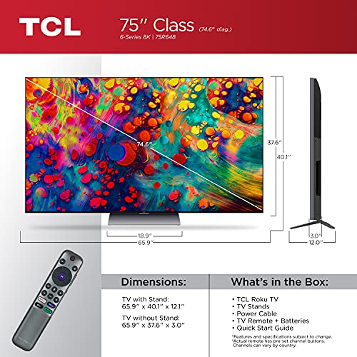 TCLÂ 75-inch Class 6-Series 8K Mini-LED UHD QLED Dolby Vision HDR Smart Roku TV - 75R648, 2021 model