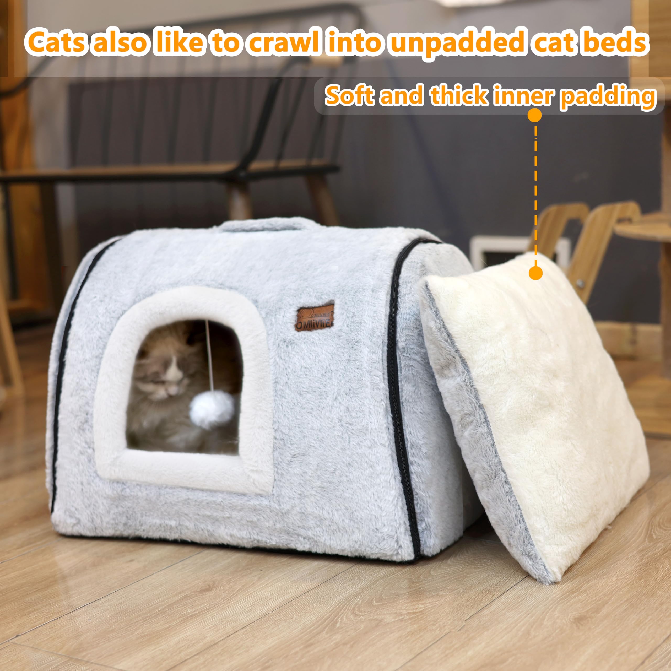 OMLIVLIES cat Bed cave-cat beds for Indoor Cats,Soft and Comfortable Cute cat Bed,cat House,with Removable Washable Cushioned Pillow,Enclosed cat Bed,Kitty cat hut、Hideaway,Small Dog Tent Grey