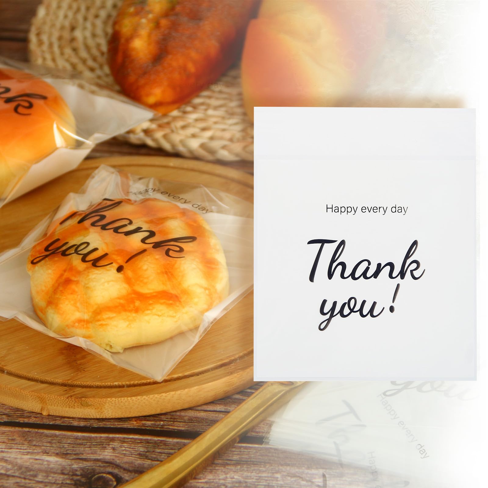 Wocuz Cookie Candy Bags Thank You Printed Cellophane Bags Biscuit Roasting Treat Present DIY Plastic Individual Wrappers Self Adhesive OPP Cookie Bakery Decorating Favor Bags (5.5x5.5 Inch, 200Pcs)