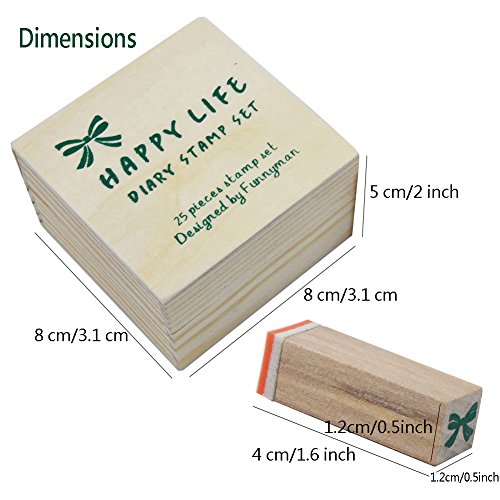 Wooden Rubber Stamps,Youkwer 25 Pcs Mini Cute DIY Diary Stamps Set with Wooden Box (Happy Life,Set of 25)