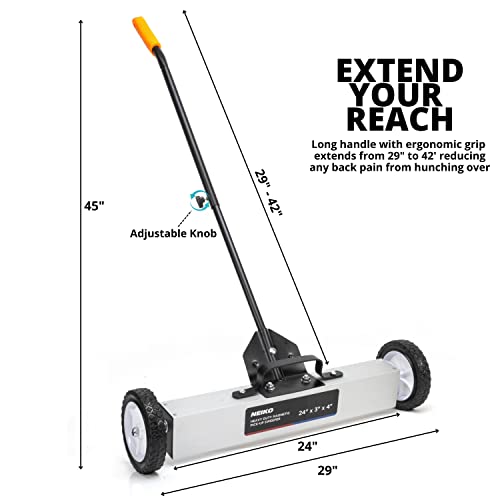 NEIKO 53416A 24β Rolling Magnetic Sweeper with Wheels, 30 Pound Capacity, Adjustable Handle & Floor Magnet Clearance Height, Metal Pick Up and Nail Magnet, Floor Sweeper for Construction, Shop, Etc.