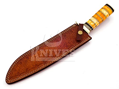 NoonKnives:16" totally custom Hand Made Damascus Steel Collectible kukri Knife Handle colour Camel Bone (orange)