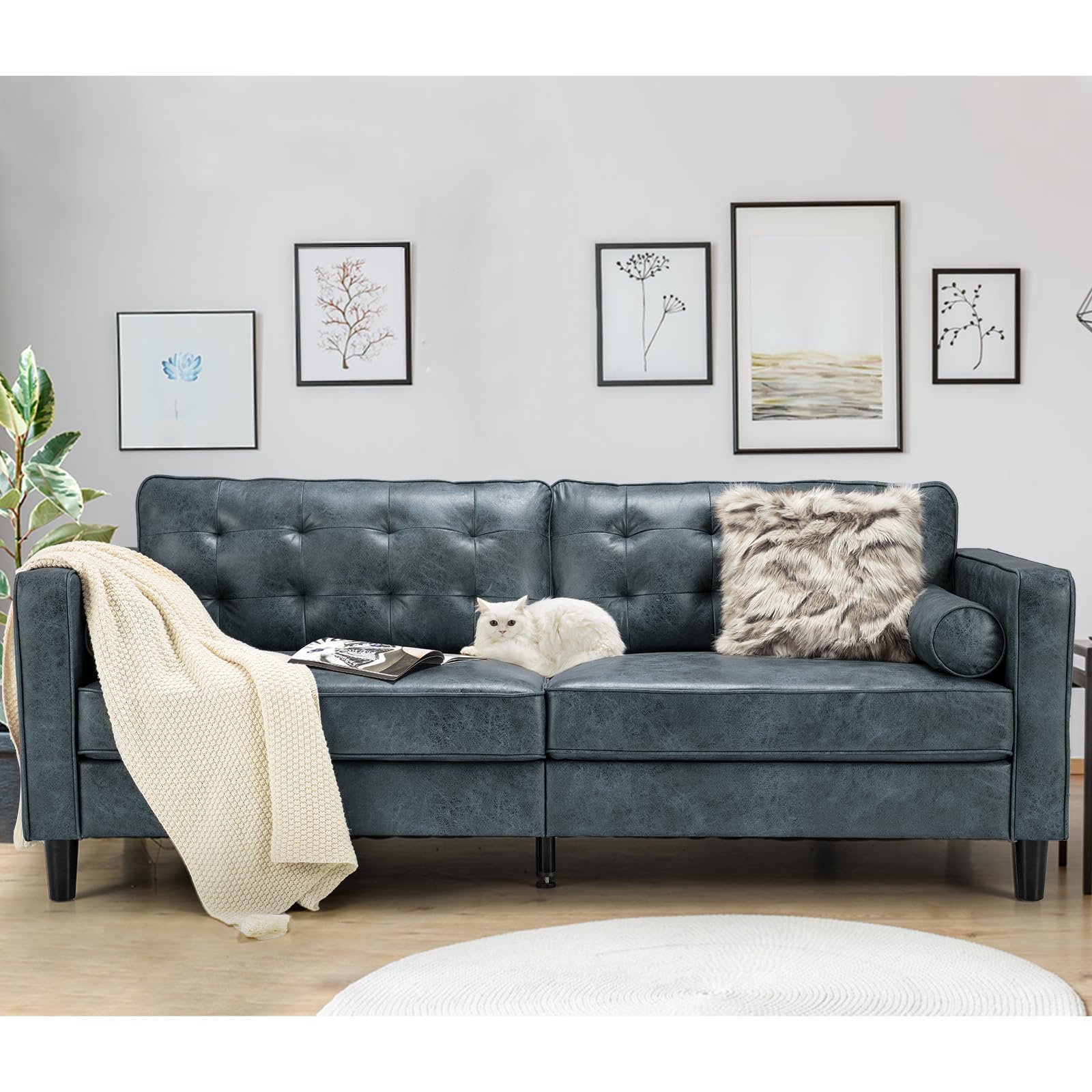 YODOLLA 84.2" Faux Leather Sofa Couch, Mid-Century Modern Sofa with 2 Bolster Pillows, 3 Seats Sofa Vintage Couch for Living Room, Studio and More, Blue