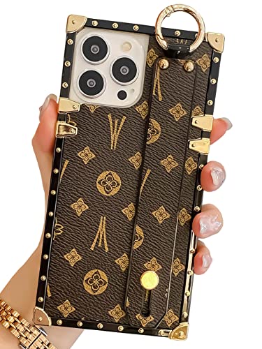 TRODINO Square Leather iPhone 14 Pro Max Case with Wristband Strap, Luxury Designer Trunk Box Phone Case for Women Girls, Hand Holder Ring Kickstand Shockproof Protective Bumper Case 6.7” (Brown)