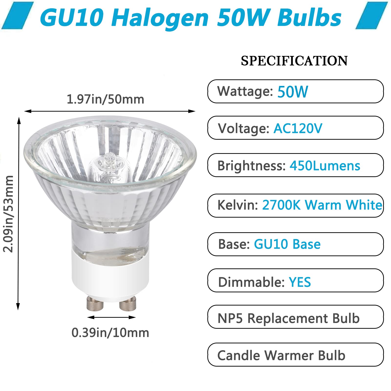 XBOCMY GU10 Halogen Light Bulbs, 6 Pack 120V 50W MR16 GU10 MR16 Track Light Bulbs with Changer, Dimmable, gu10+c 120v 50w for Track&Recessed Lighting, High Brightness with Glass Cover, Long Lifespan