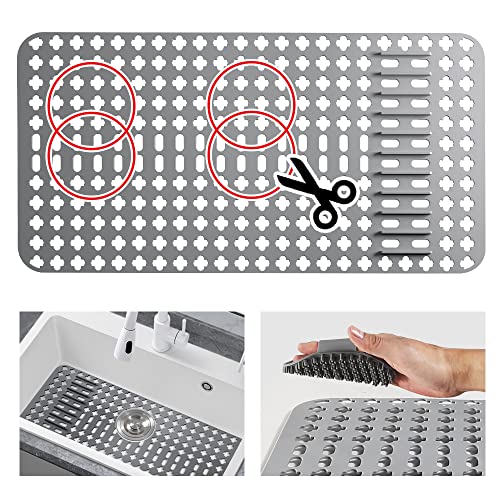 Moryimi Silicone Sink Protectors for Kitchen Sink with Cleanging Brush, Grey Sink Mats with feet, Large Grips Silicone Sink Mat for Bottom of Kitchen Farmhouse Stainless Steel Porcelain Sink 25"x13"