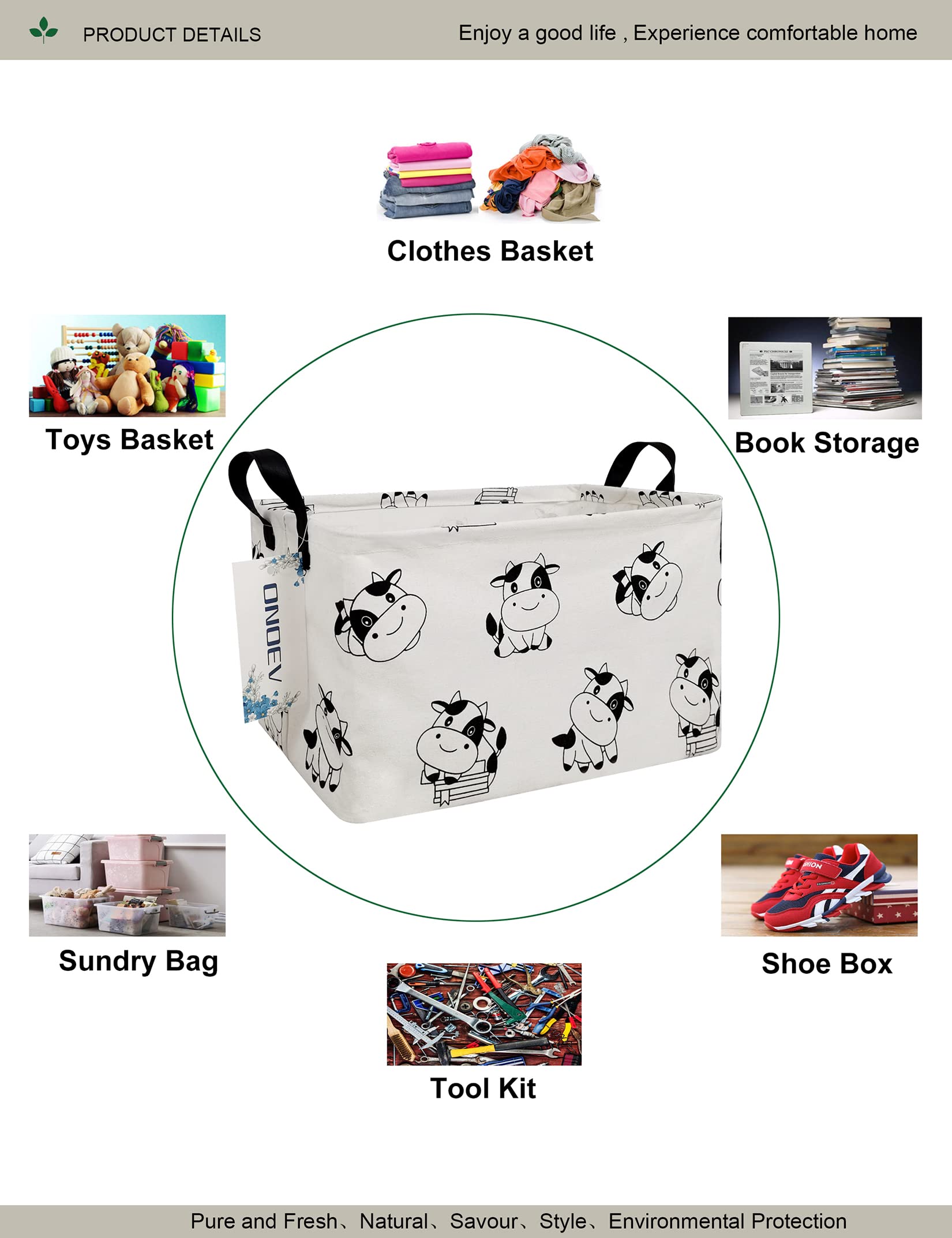 ONOEV Rectangular Folding Laundry Basket,Canvas Basket,Nersury Hamper,Suitable for Children,Office,Bedroom,Clothes,Toys Storage (REC Cow), 14.9’’L ×10.2’’W×9.05’’H inches