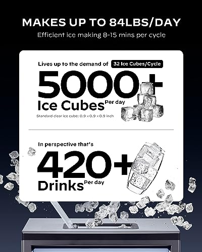 Silonn Commercial Ice Maker Machine, 90LBS/24H with 30lbs Bin, Full Heavy Duty Stainless Steel Construction, Self-Cleaning, Clear Cube for Home Bar, Include Scoop, Connection Hose