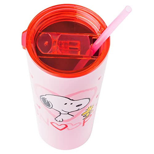 Silver Buffalo Peanuts Snoopy Woodstock Hearts Double Walled Stainless Steel Tumbler w/Straw, 22 Ounces