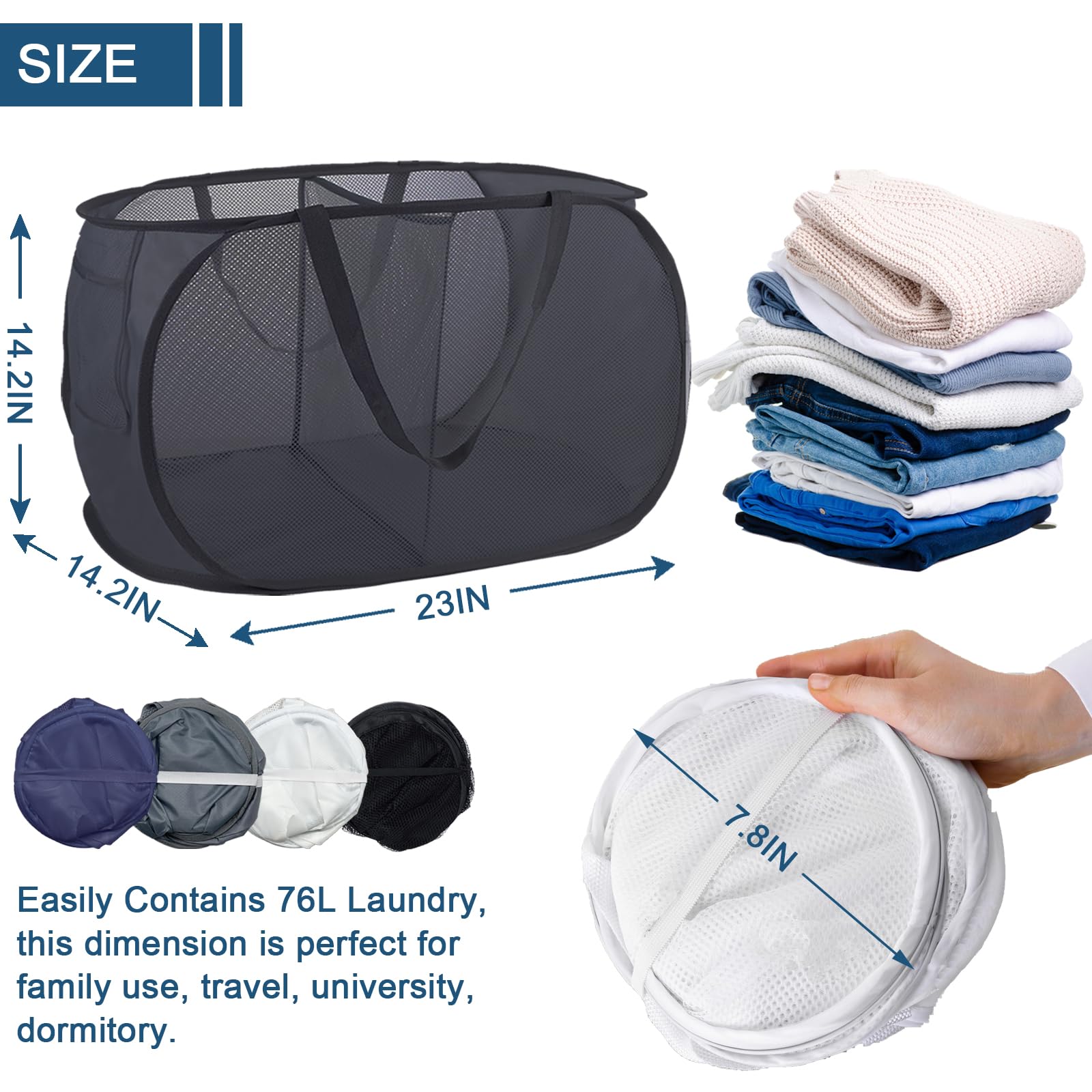 Violinak 4 Pack Collapsible Laundry Baskets Dual Compartment, Mesh Pop Up Hamper with Easy Carry Handles, Foldable laundry hamper for College Dorm, Kids Room, Laundries and Travel, toy storage basket
