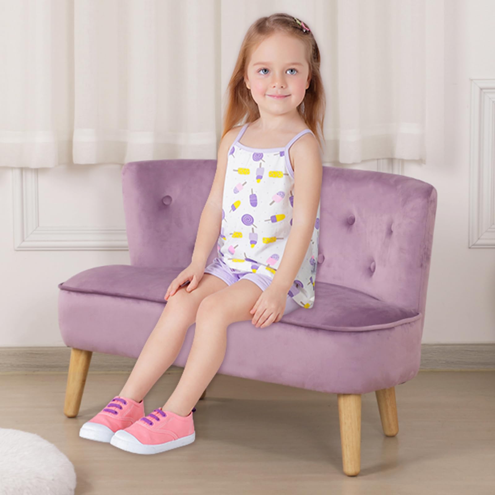 Yoonnie room 2-Seat Kid Sofa Couch with Velvet Fabric,Kid Sofa Chair with Wooden Frame for 3-6 Age Children Gift,35.6" Length, Purple
