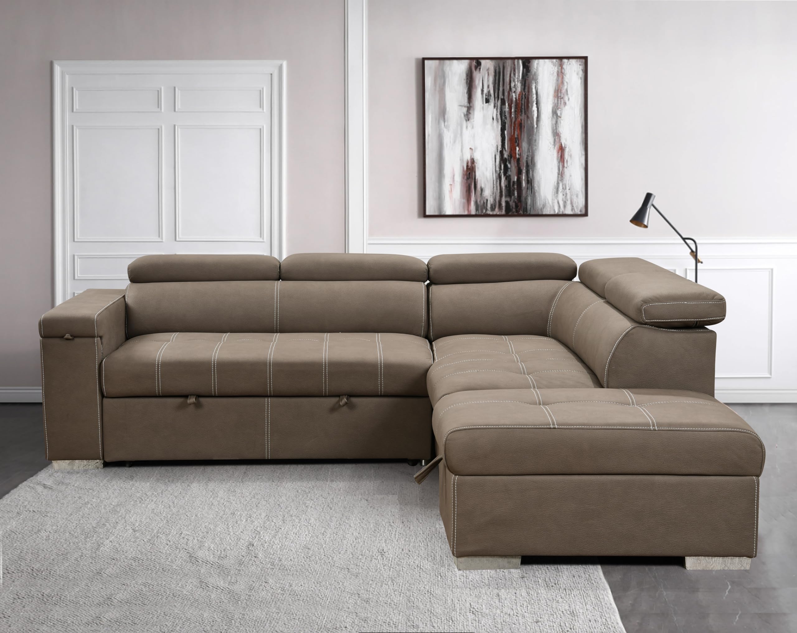 THSUPER 100" Microfiber L Shape Sleeper Sectional Sofa with Pullout Bed. 5-Seats Sectional Couch with Storage Ottoman and Cup Holder. Adjustable Headrest with Sectional Sleeper Couch. Brown