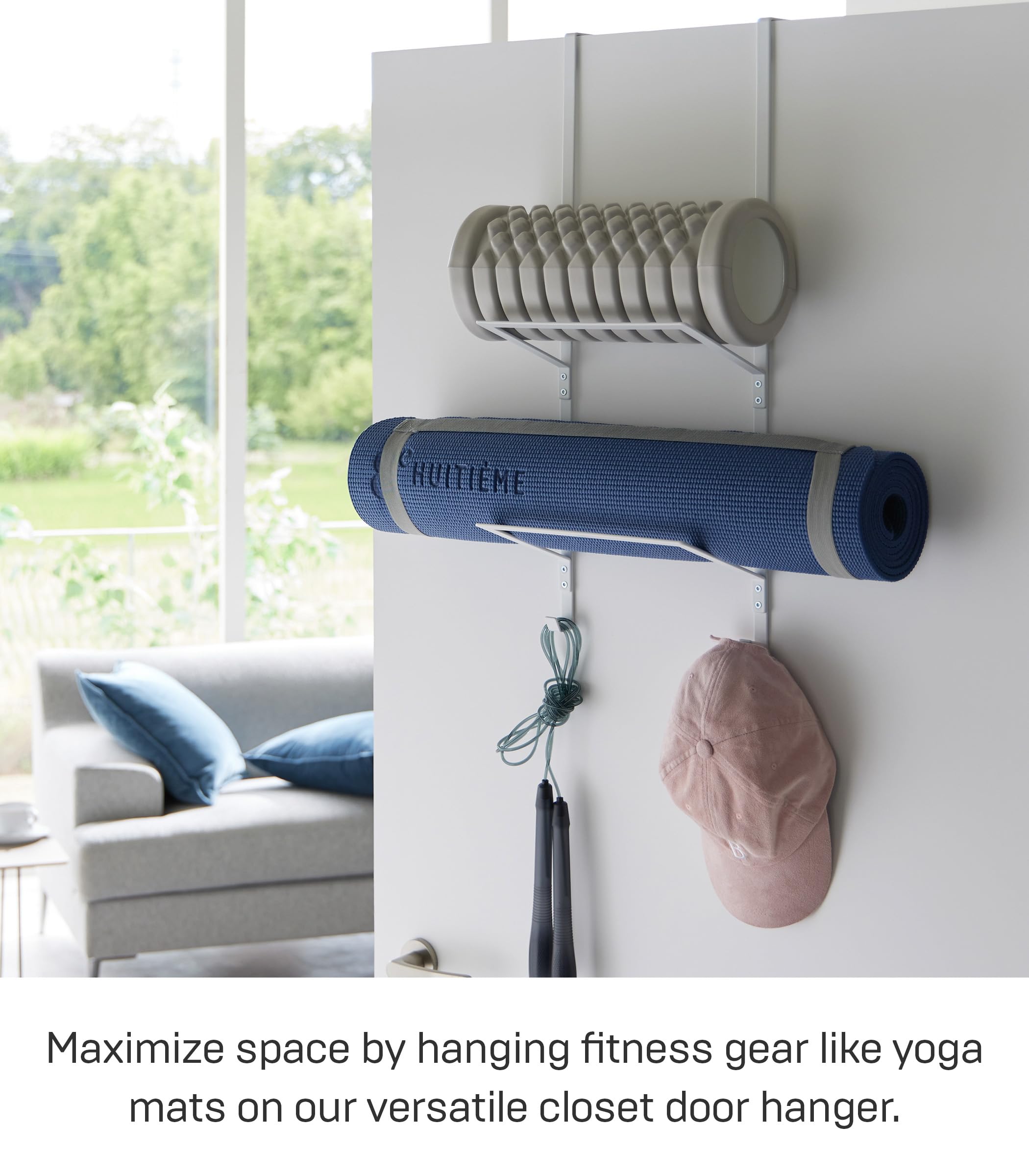 Yamazaki Home Tower Over-The-Door Yoga Mat Storage Hanger - 3-Tier Organizer for Foam Rollers, Backpacks, Hats, Bags - Extra Closet Space Saver - Steel