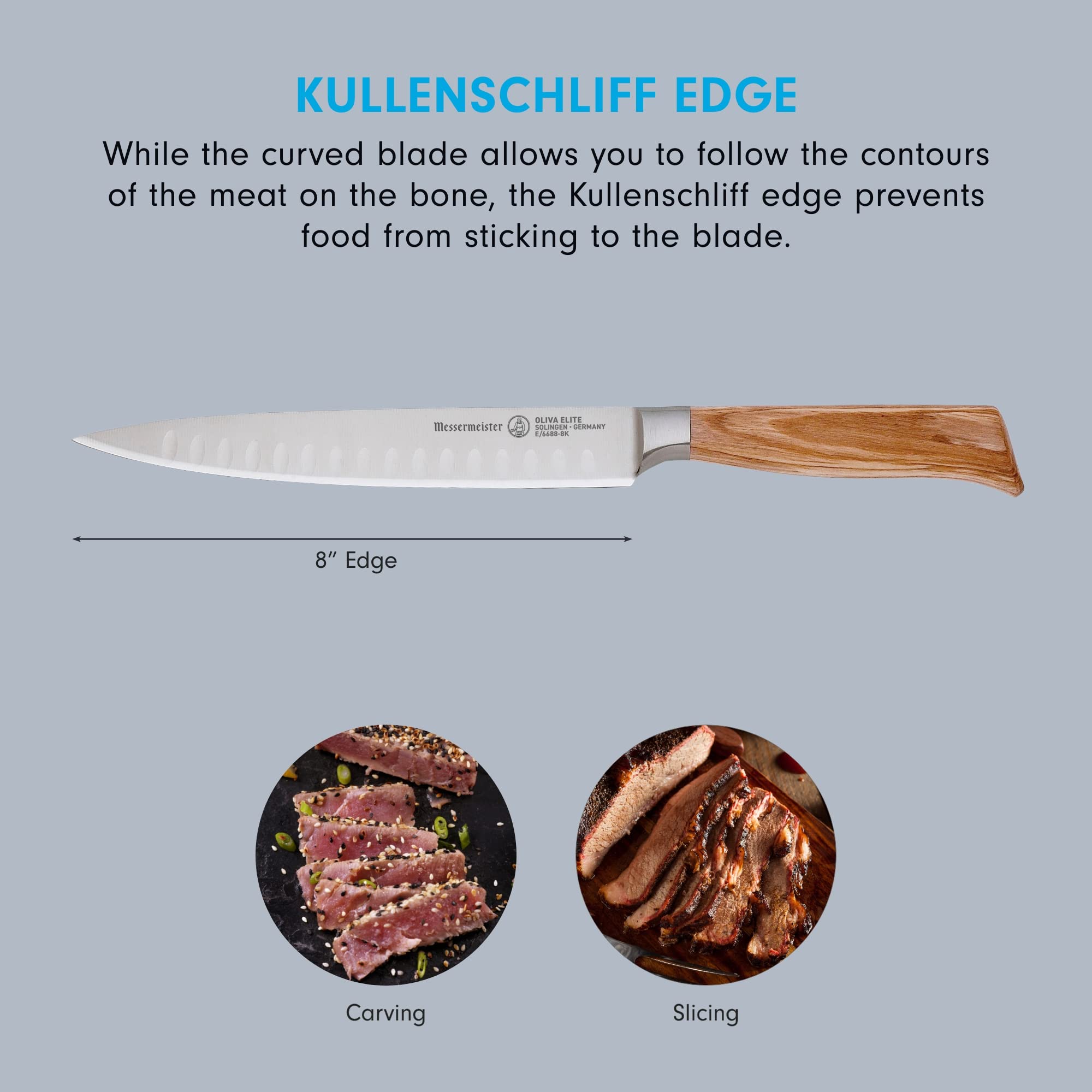 Messermeister Oliva Elite Kullenschliff Carving Knife Set - Includes 8โ Kullenschliff Carving Knife & 6โ Straight Carving Fork - German Steel Alloy Blade & Mediterranean Wood Handle