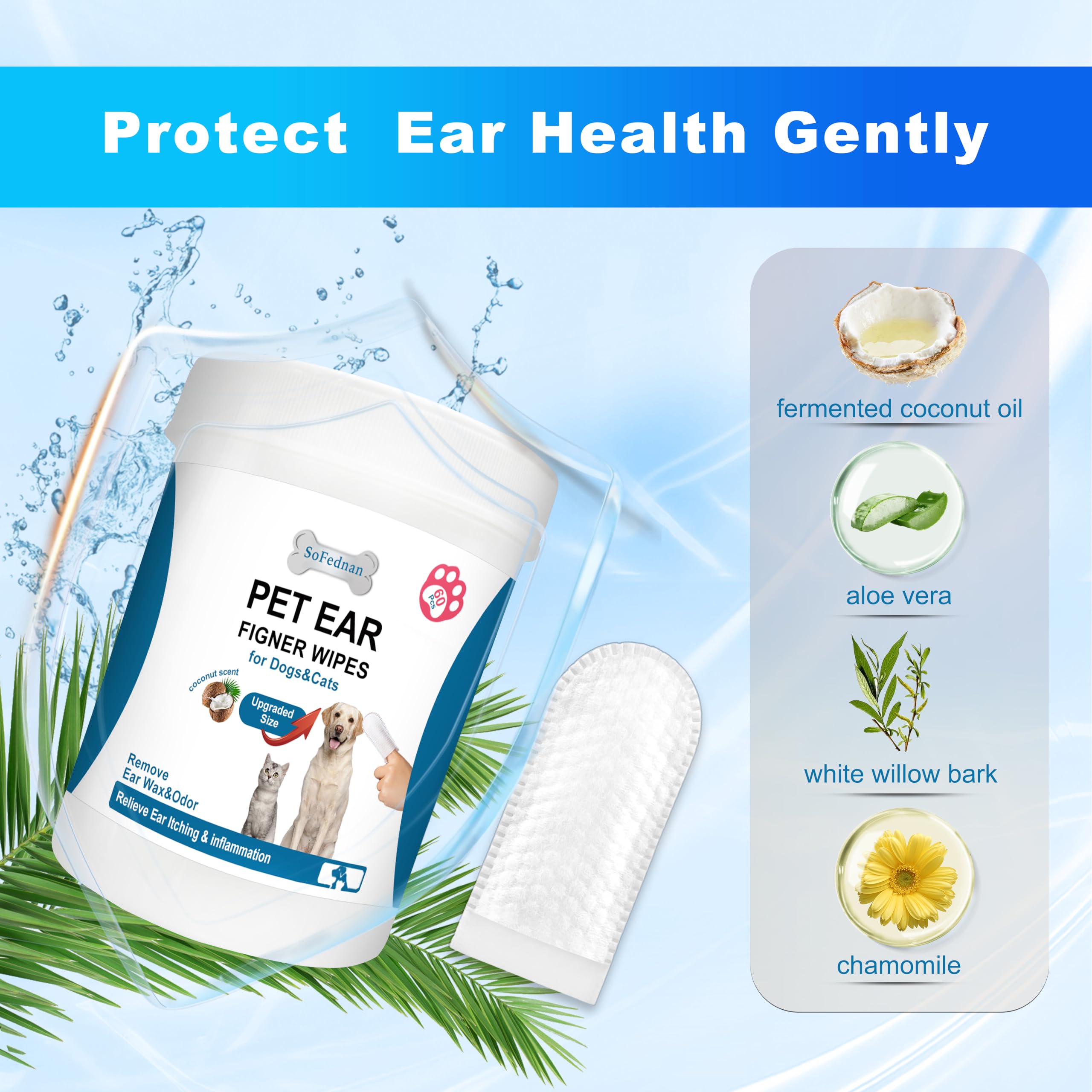 SoFednan Ear Finger Wipes,Pet Ear Cleaner Finger Wipes for Dogs and Cats,Remove Ear Wax and Dirt,Stop Smelly & Itchy Ears, Non-Irritating - Hypoallergenic (60 Count, Coconut Scent)