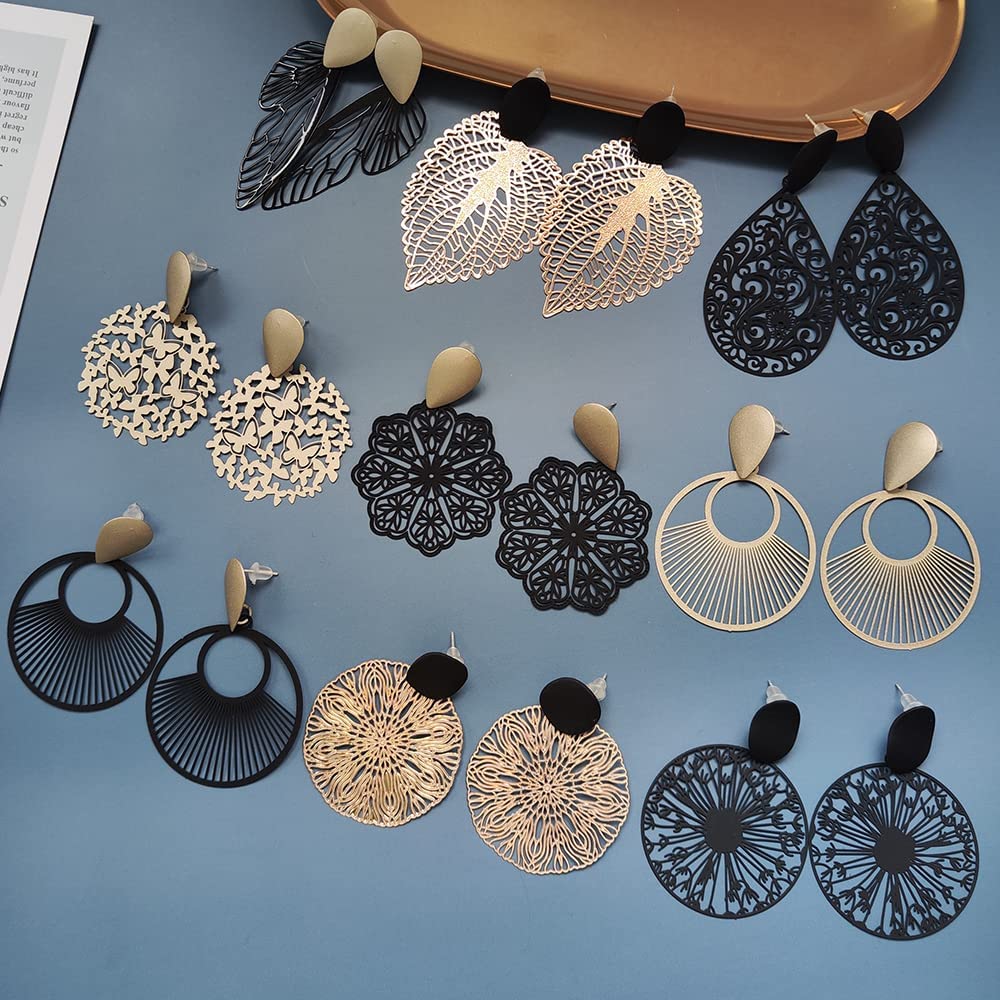 LUSTERMOON 8-9 Pairs Metal Leaf Drop Dangle Earrings Set Bohemian Drop Earrings,Vintage Dangle Earrings Pack for Women Girls (07-9 Pairs)